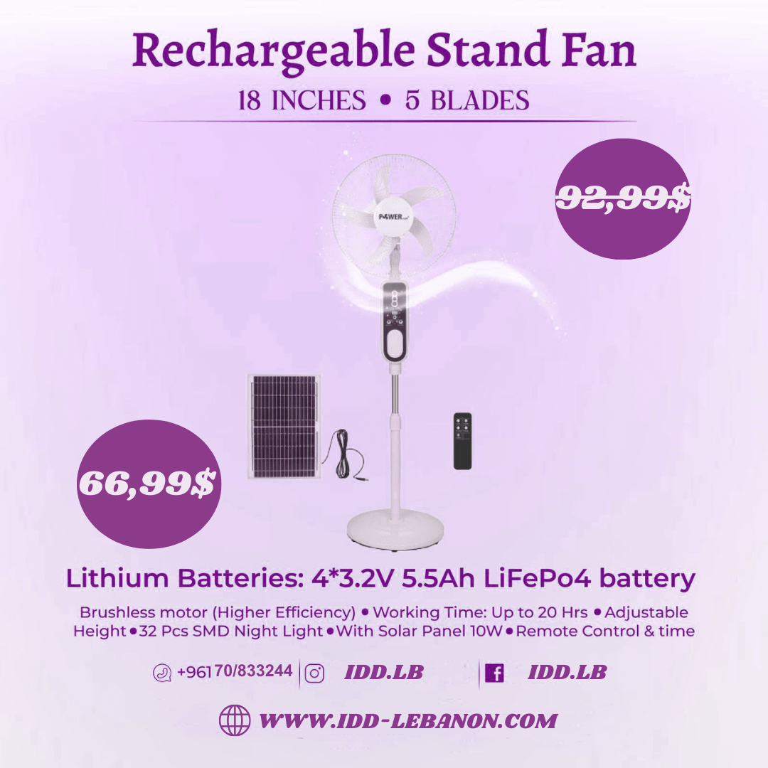 Rechargeable Stand Fan 18" with Solar Panel & Remote Control - IDD